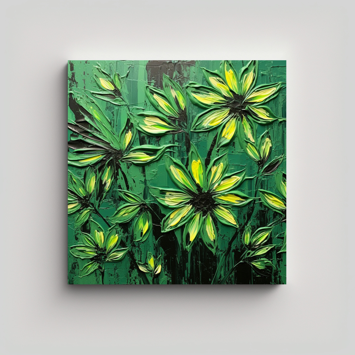 Cuadro De Flores En Lienzo Verde Y Negro - DecoCuadros