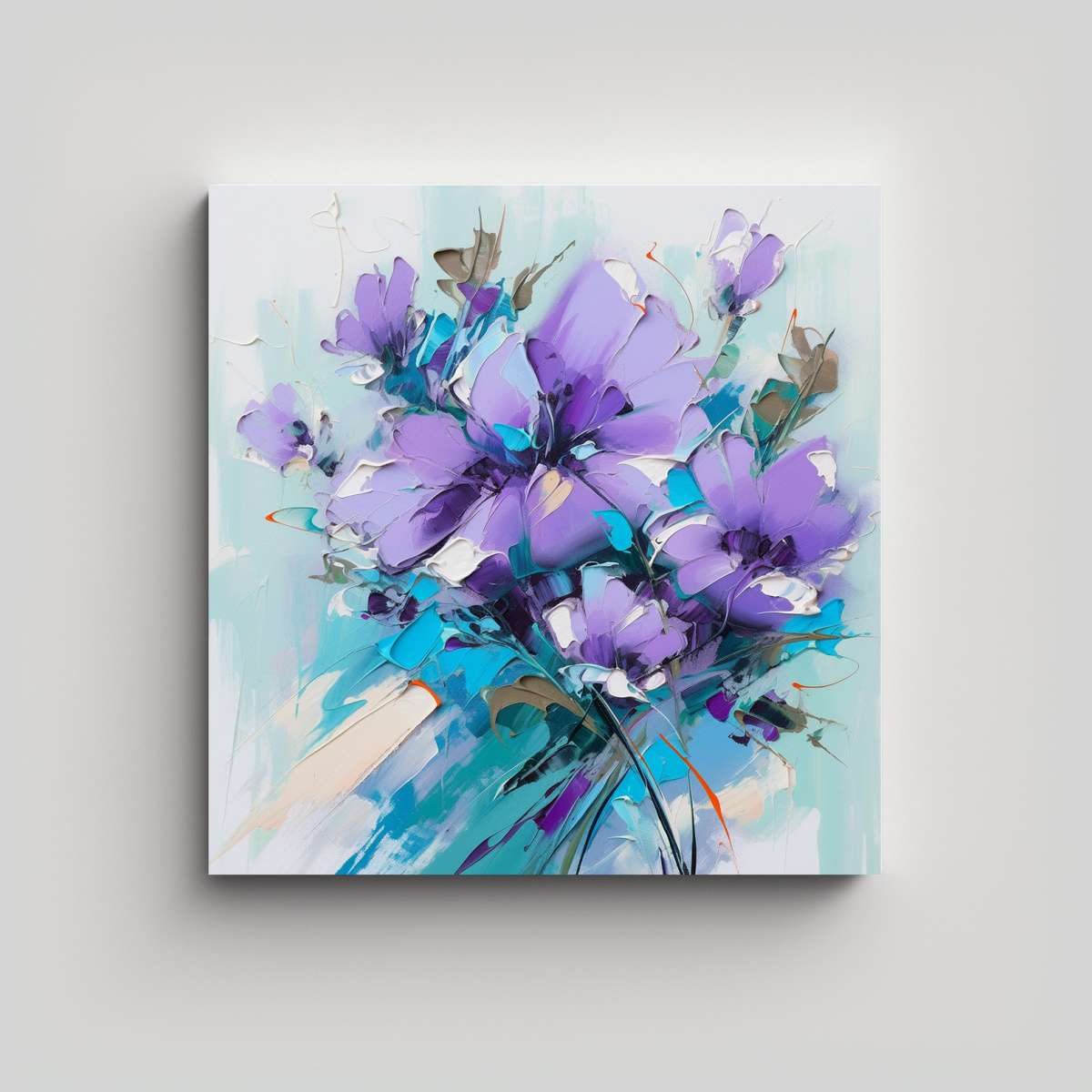 Pintura En Lienzo Con Flores En Colores Púrpura Y Turquesa En Tela Sublimada Brillante - Decocuadros