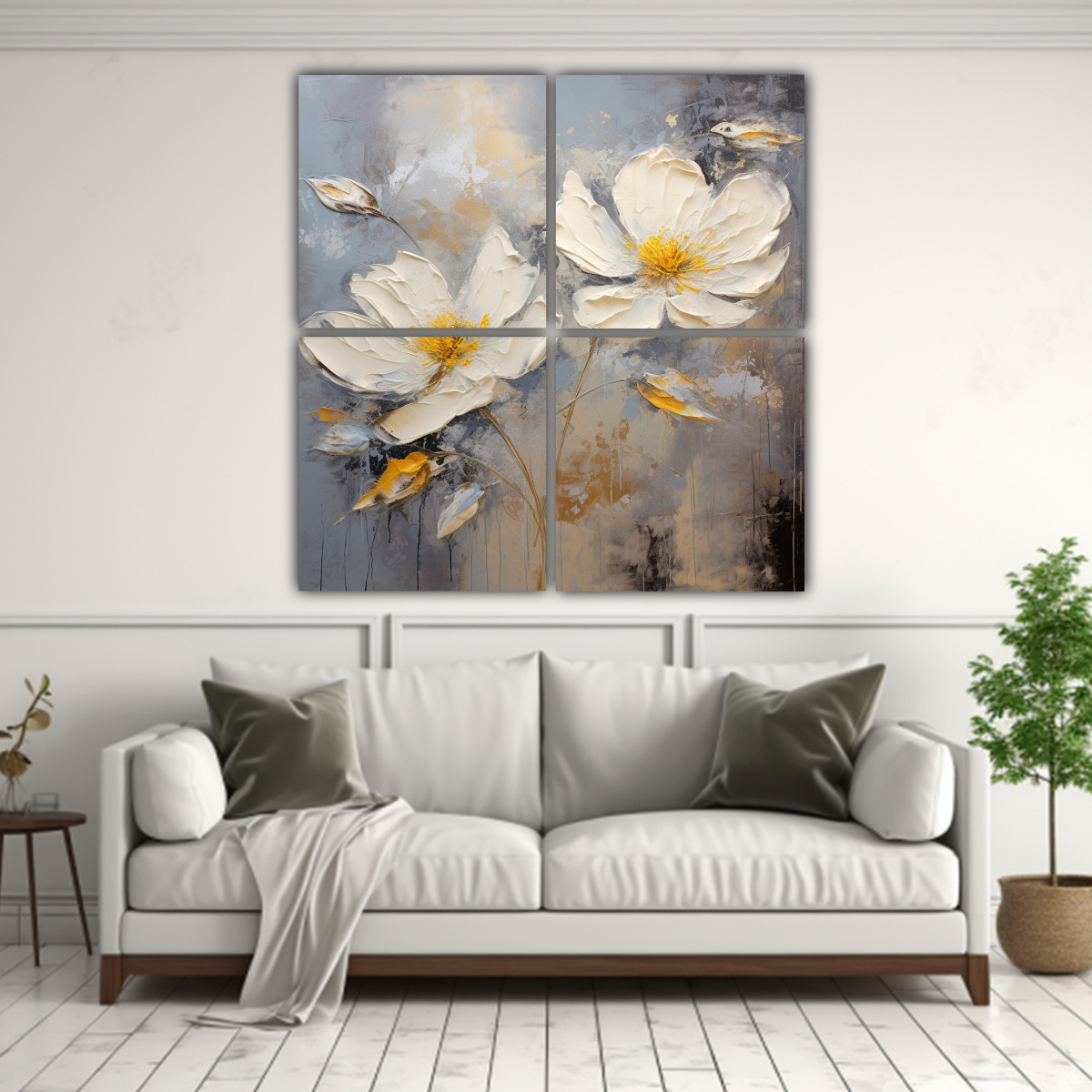 Pintura En Lienzo De Flores Amarillas Y Plateadas En Colores Lineales Para Decoración - Decocuadros