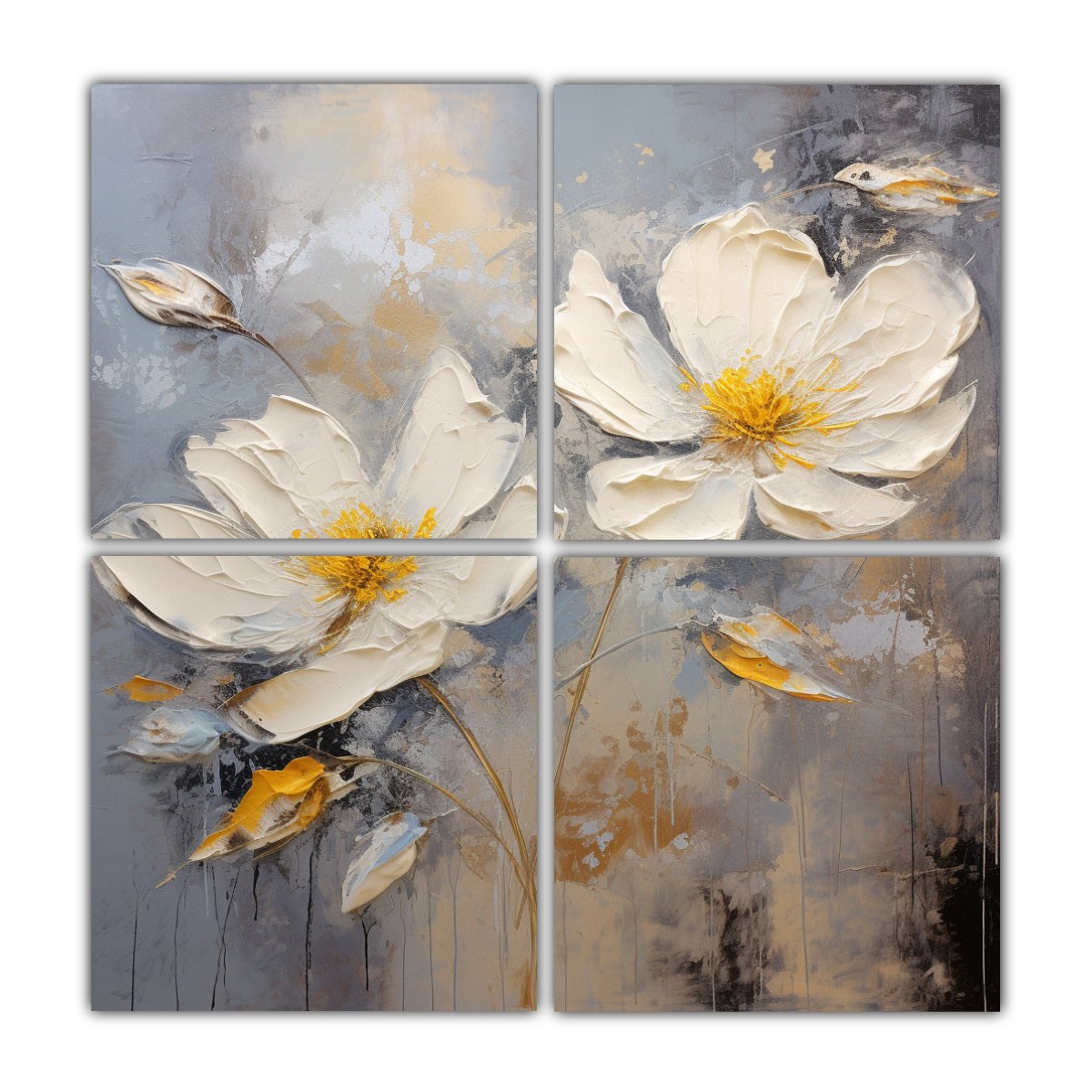 Pintura En Lienzo De Flores Amarillas Y Plateadas En Colores Lineales Para Decoración - Decocuadros