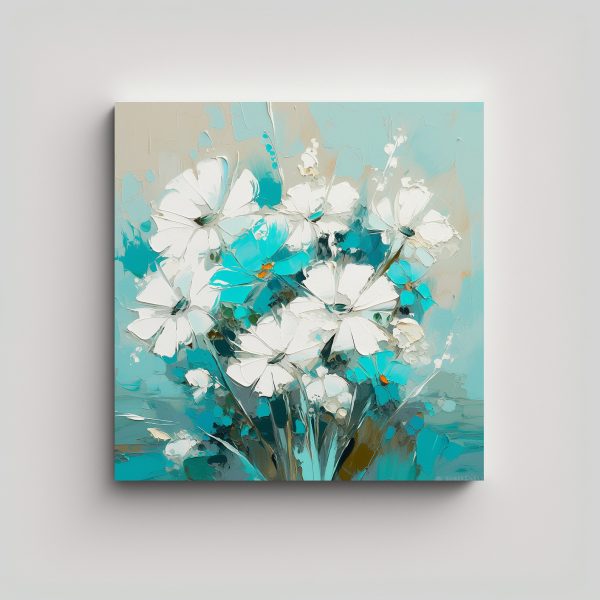 Cuadro De Flores Blancas Y Turquesas En Lienzo - DecoCuadros