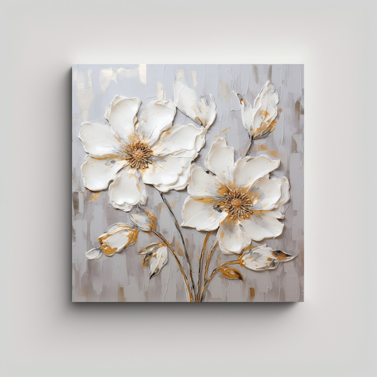 Cuadro De Flores Blancas Y Plateadas En Tela De Alta Calidad - Decocuadros