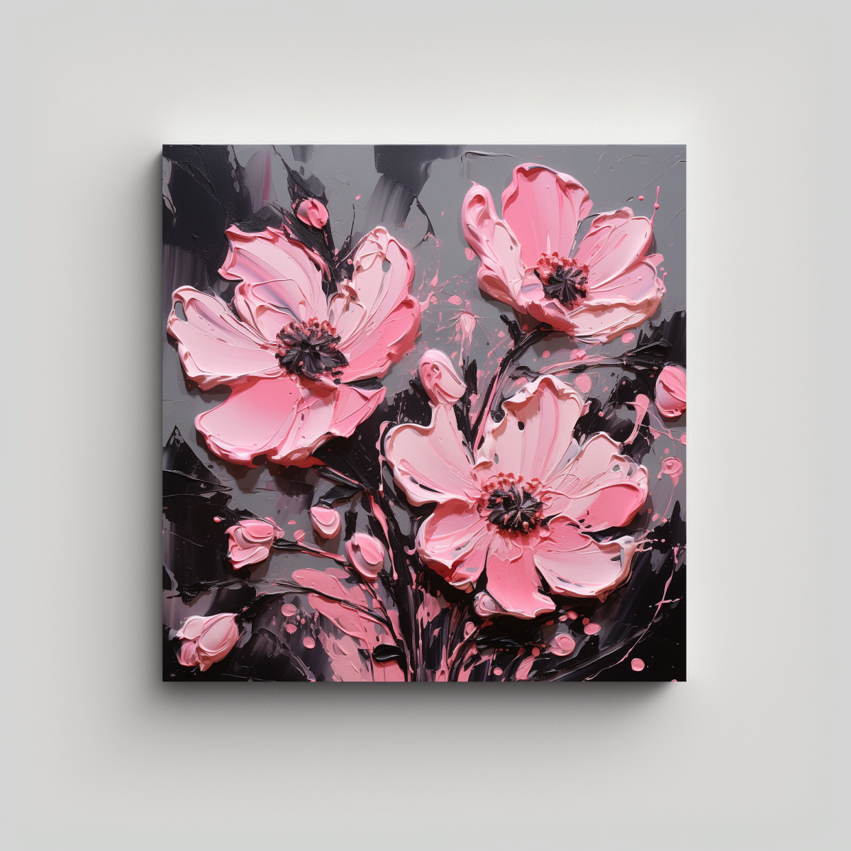 Cuadro De Pintura Floral En Lienzo En Colores Negro Y Rosa En Perspectiva - Decocuadros