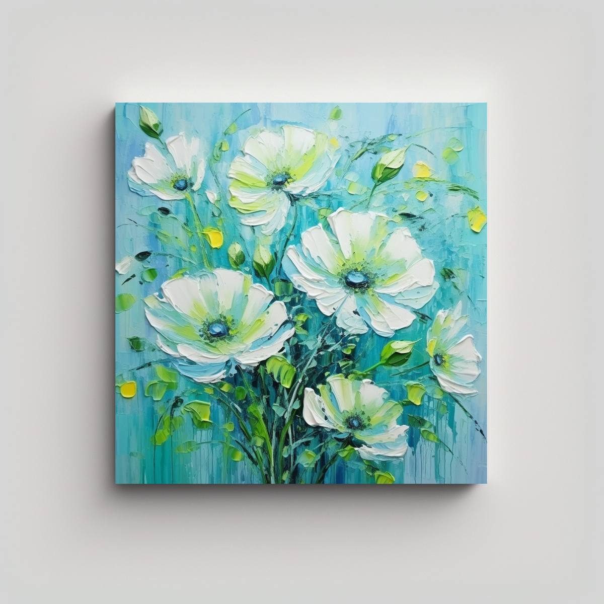 Cuadro Lienzo Flores Verde Y Cian De Alta Calidad - Decocuadros