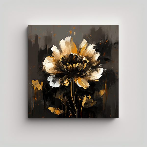 Lienzo Conceptual Impactante En Negro Y Dorado Con Flores En El Arte Decorativo - Decocuadros