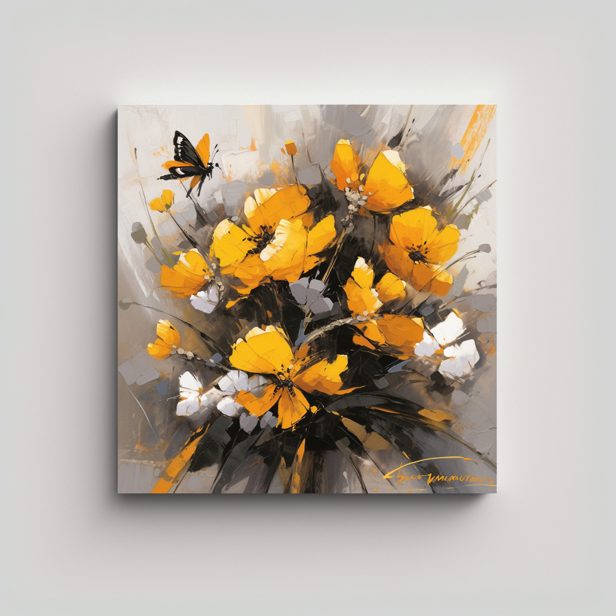 Cuadro Moderno único En Amarillo Y Negro Con Flores En Decoración - Decocuadros