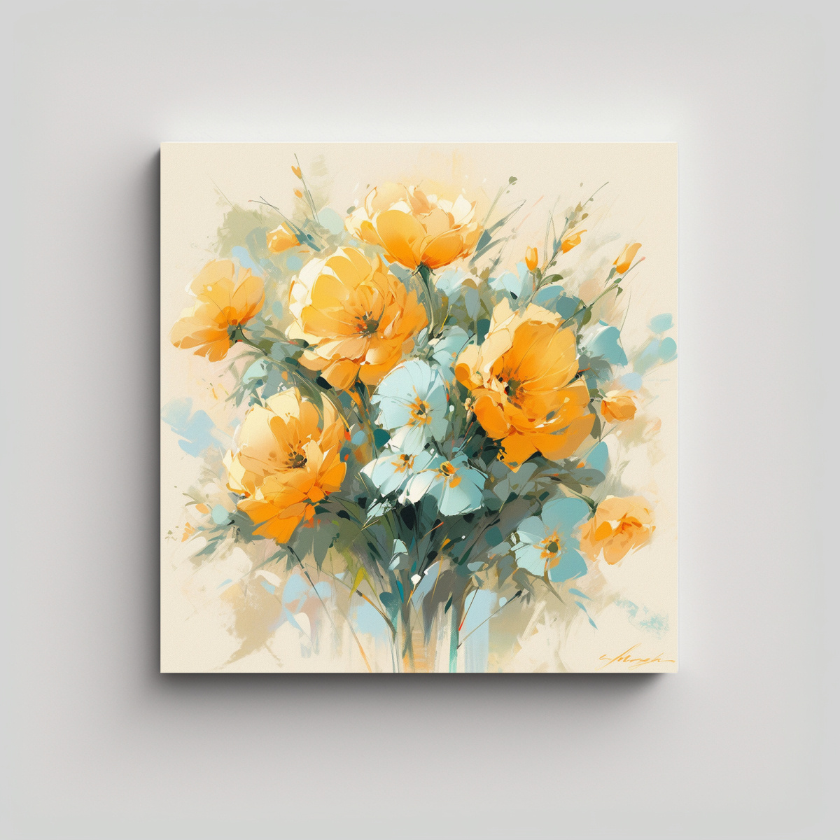Pintura única De Flores Amarillo Y Cian En Lienzo Para Decoración - DecoCuadros