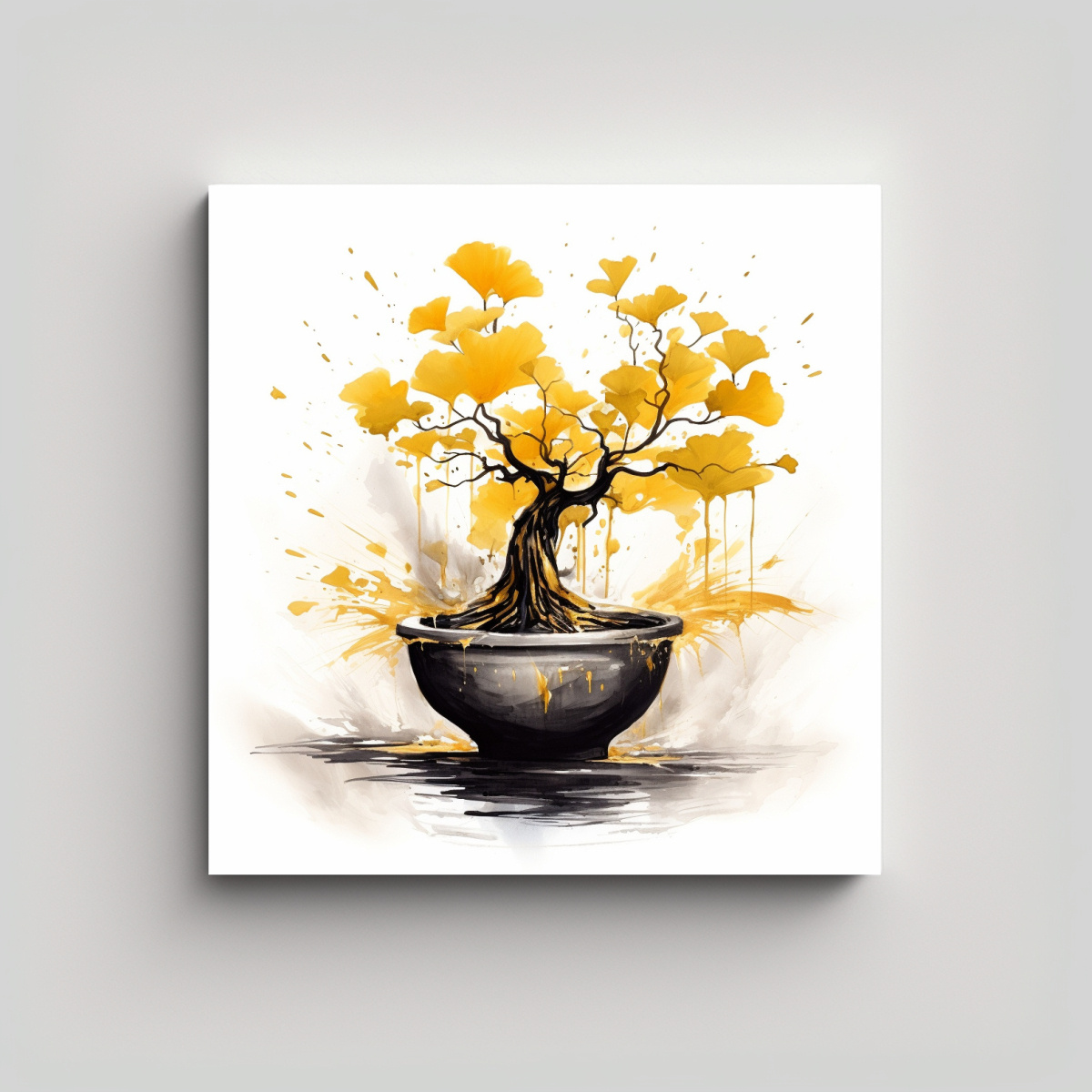 Cuadro Abstracto Dorado Y Negro Con árbol De Bonsái Ginkgo Biloba En ...