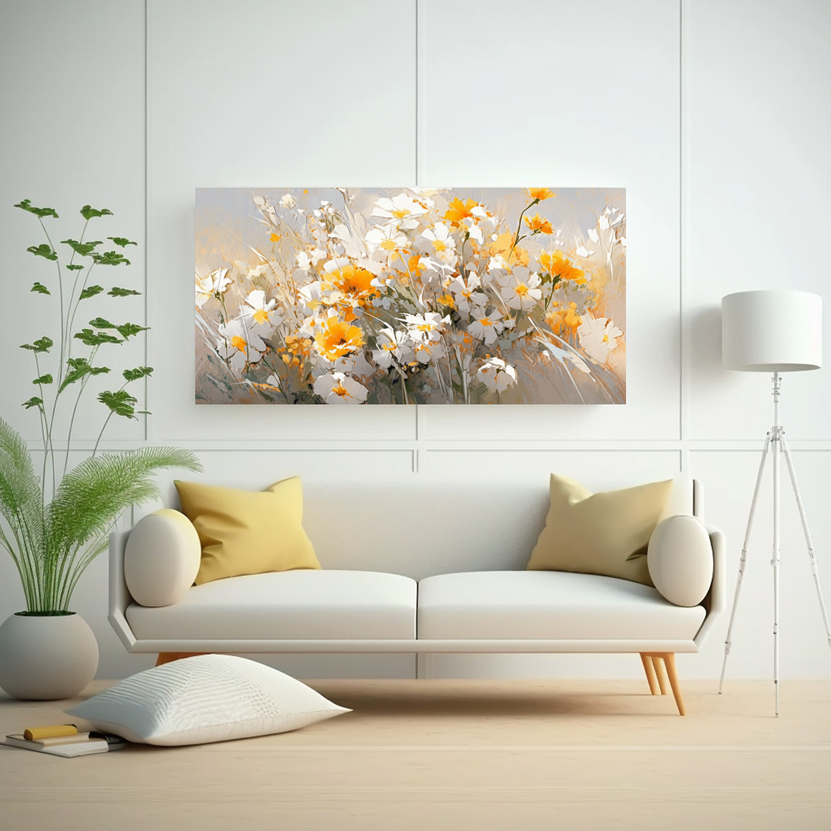 Cuadro De Flores Amarillas Y Plateadas En Lienzo - Composición Dinámica - Decocuadros