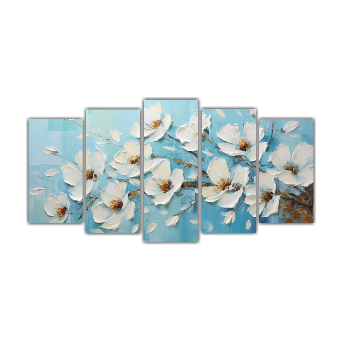 Cinco Lienzos De Tela Hermoso Bastidor De Madera - Pintura De Flores Blancas Y Turquesas En ...