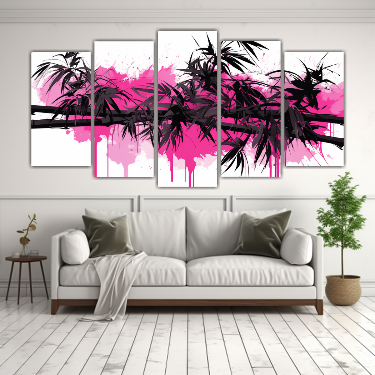 Conjunto 5 Fotografías De Plantas De Bambú En Colores Negro Y Rosa - DecoCuadros