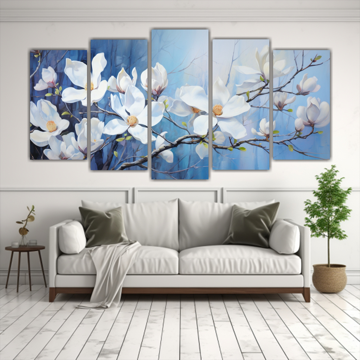 Cuadro Abstracto De Flores Magnolias En Blanco Y Azul En 5 Telas - DecoCuadros