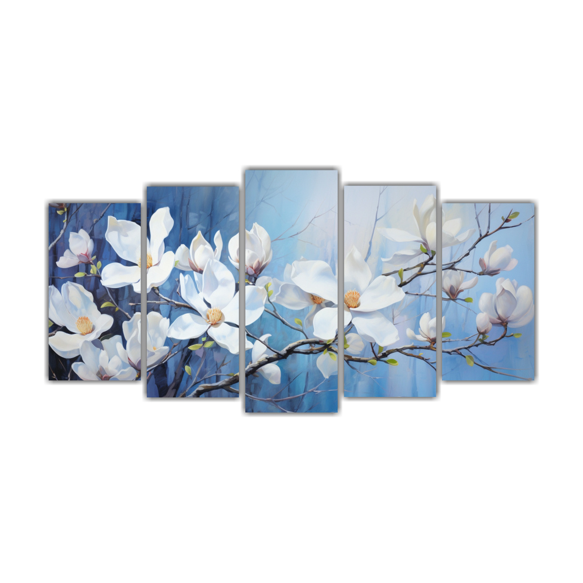 Cuadro Abstracto De Flores Magnolias En Blanco Y Azul En 5 Telas - DecoCuadros