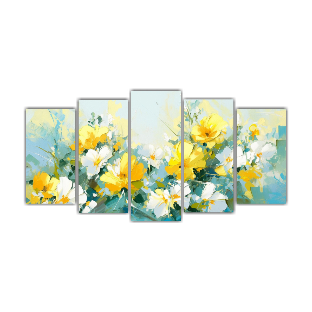 Cuadro De Flores Amarillas Y Cian En Lienzo, Set De 5, Arte Forma Obra Maestra - Decocuadros