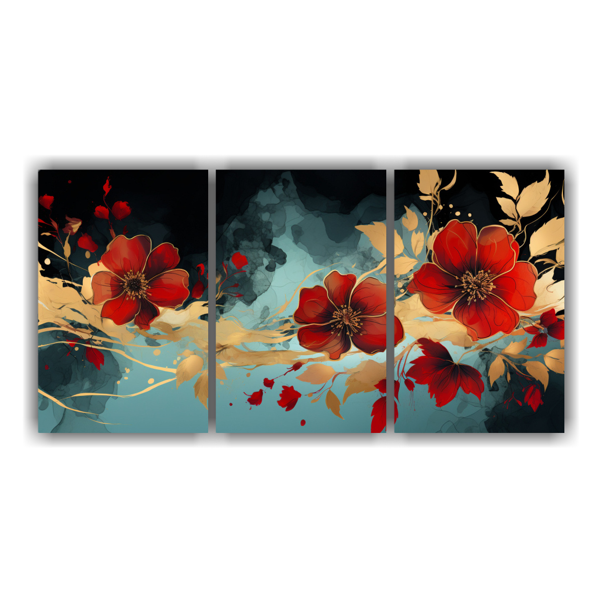 Cuadro De Tres Telas En Bastidor Con Armonía De Colores Rojo Y Oro - DecoCuadros