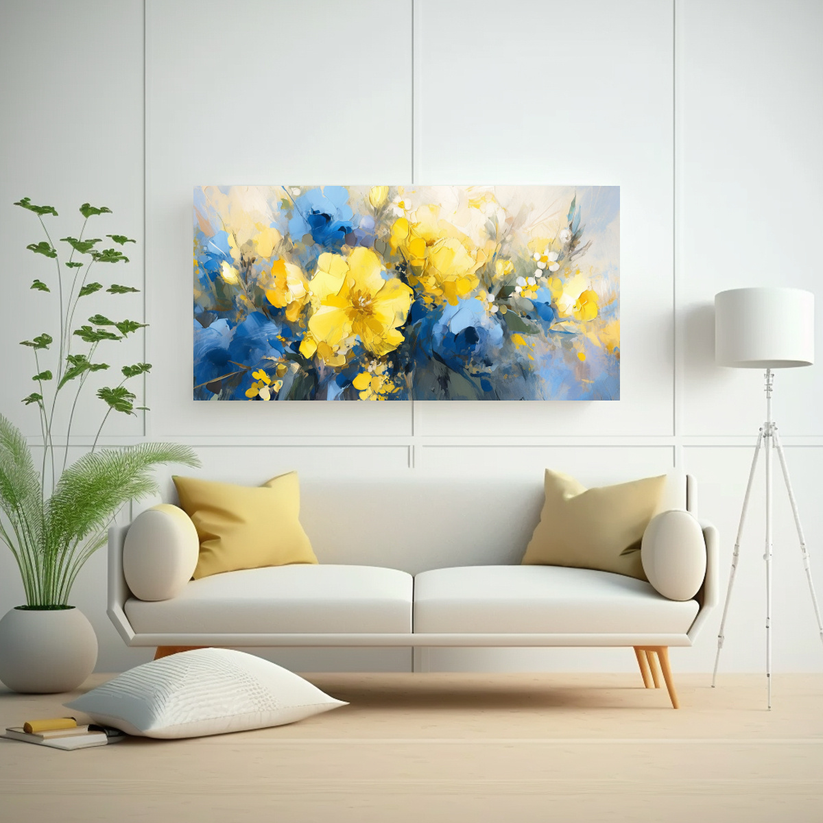 Cuadro Flores Amarillas Y Azules En Lienzo Para Decoración - Decocuadros
