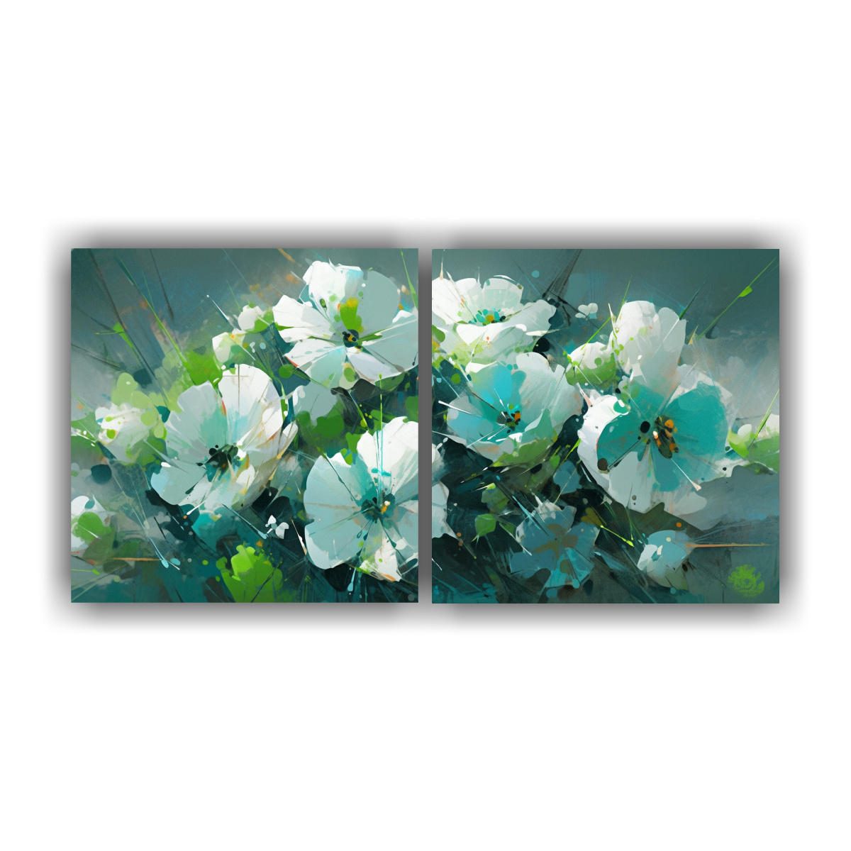 Cuadro Horizontal Flores Verde Y Cyan En Lienzo - DecoCuadros