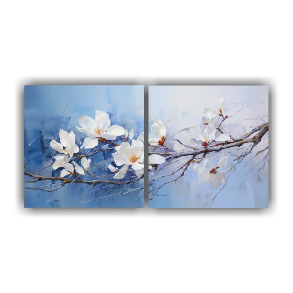 Cuadro Vintage Refinado Con Flores Magnolias, Colores Blanco Y Azul, Pintura Abstracta - DecoCuadros