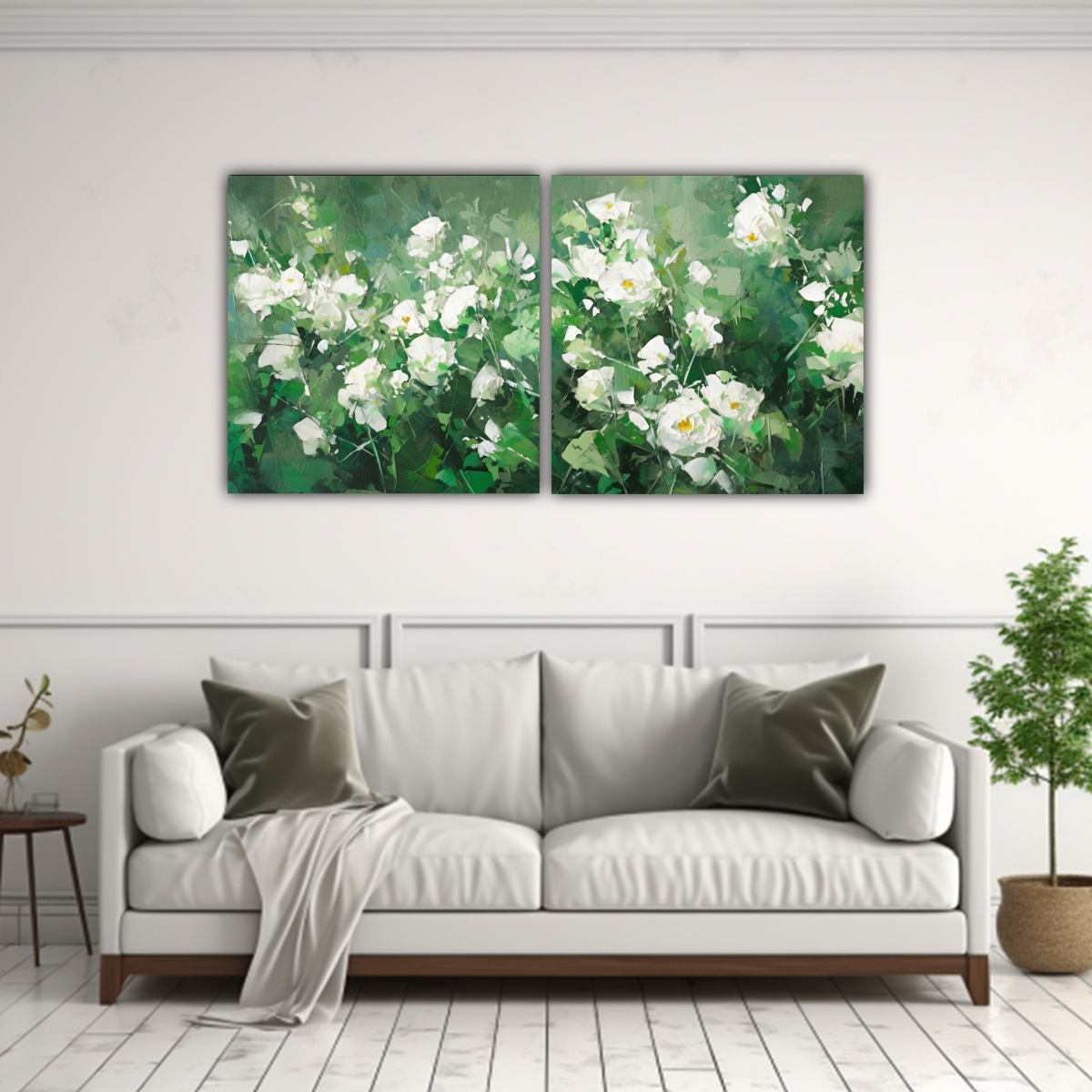 Díptico Flores En Colores Verde Y Blanco En Estilo Pop Art | DecoCuadros