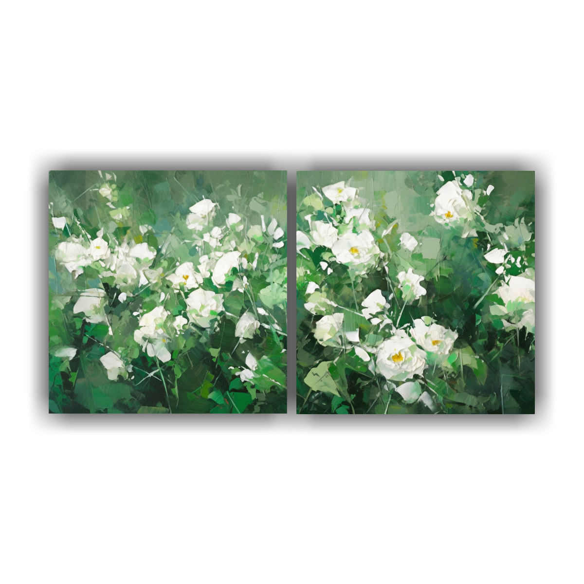 Díptico Flores En Colores Verde Y Blanco En Estilo Pop Art | DecoCuadros
