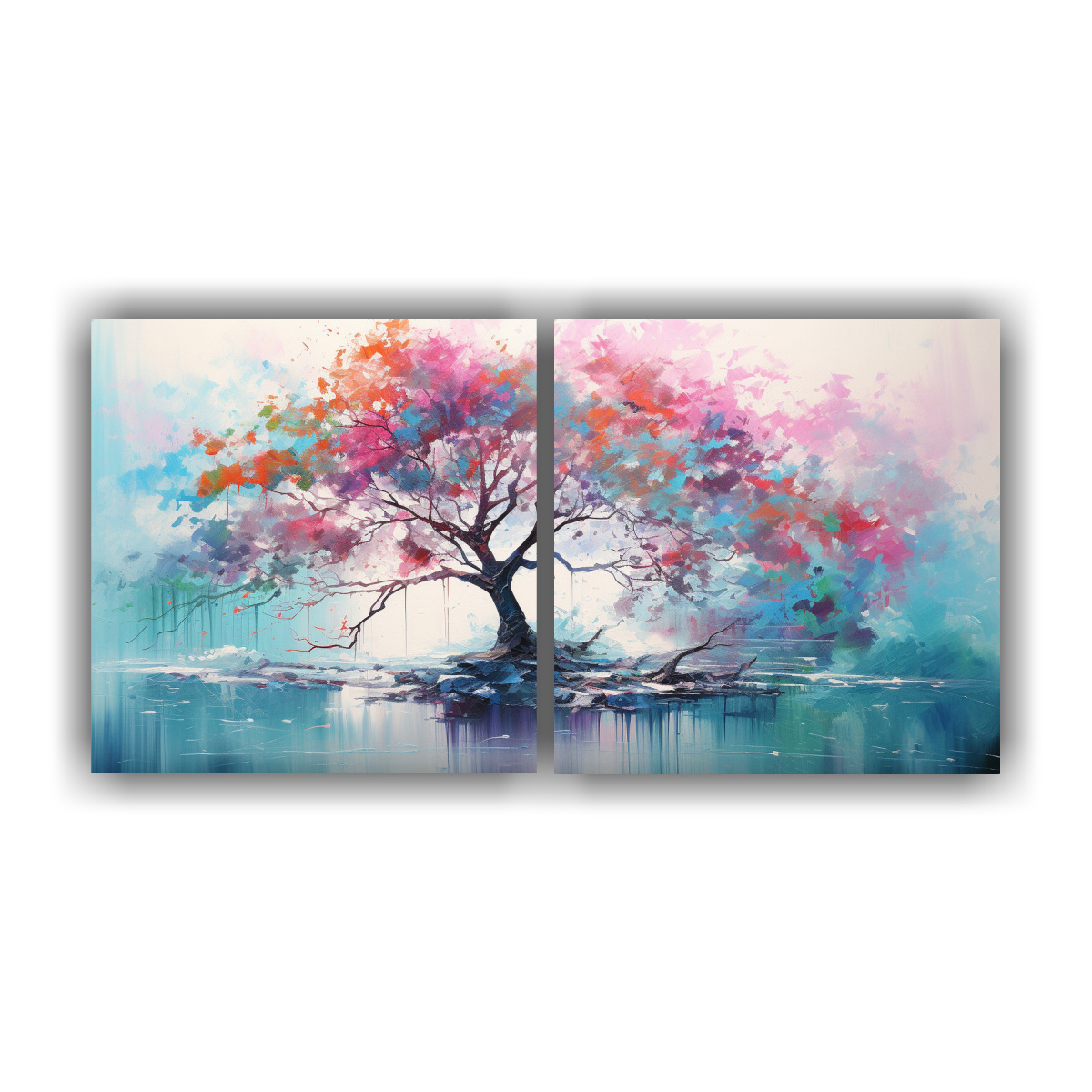 Dos Lienzos De Tela Forma Urbano Un Árbol De Manglar Turquesa Y Rosa ...