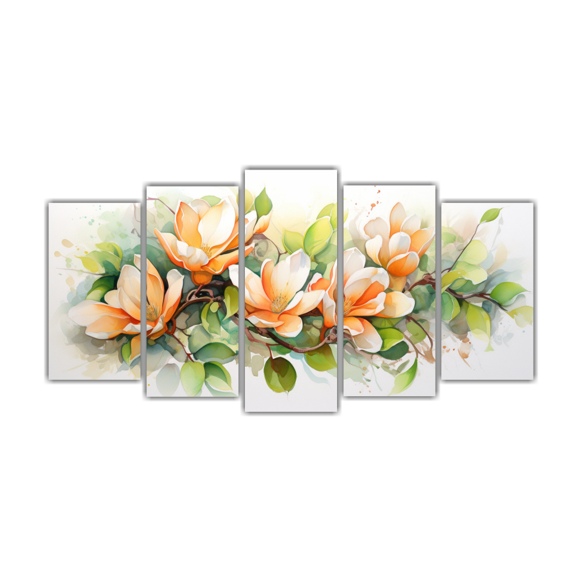 Juego De 5 Lienzos Actuales Con Flores De Magnolias En Colores Verde Y Naranja - Decocuadros