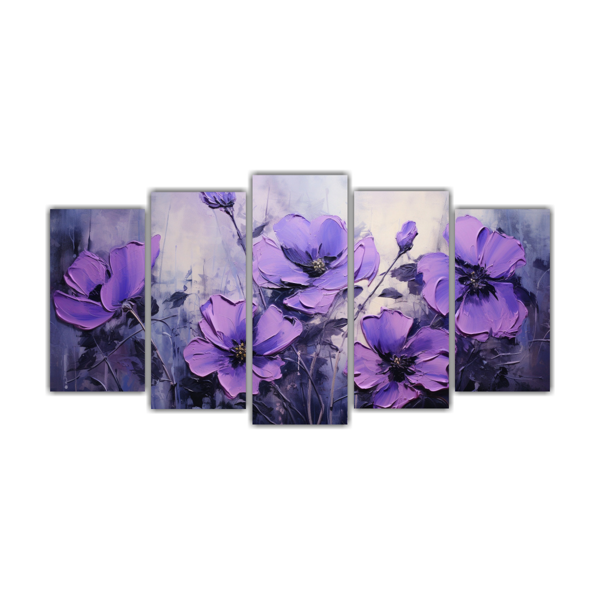 Cuadro Compuesto Por 5 Telas En Bastidor Con Pintura De Flores Morado Y ...