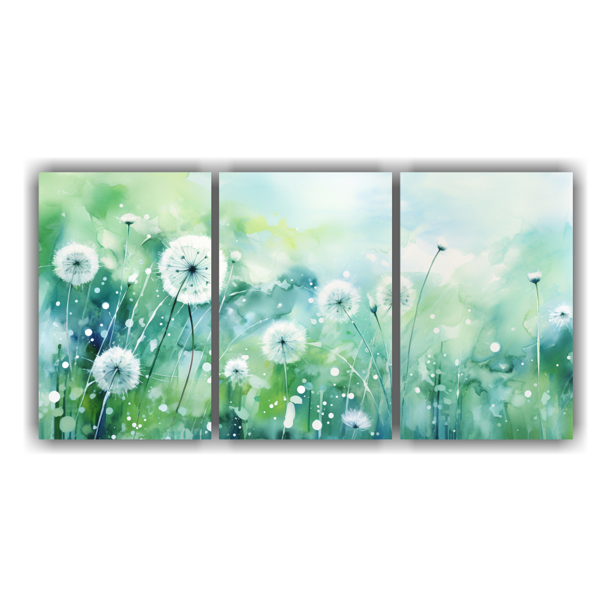 Cuadro Pintura Abstracta De Flores De Diente De León En Verde Y Blanco - DecoCuadros