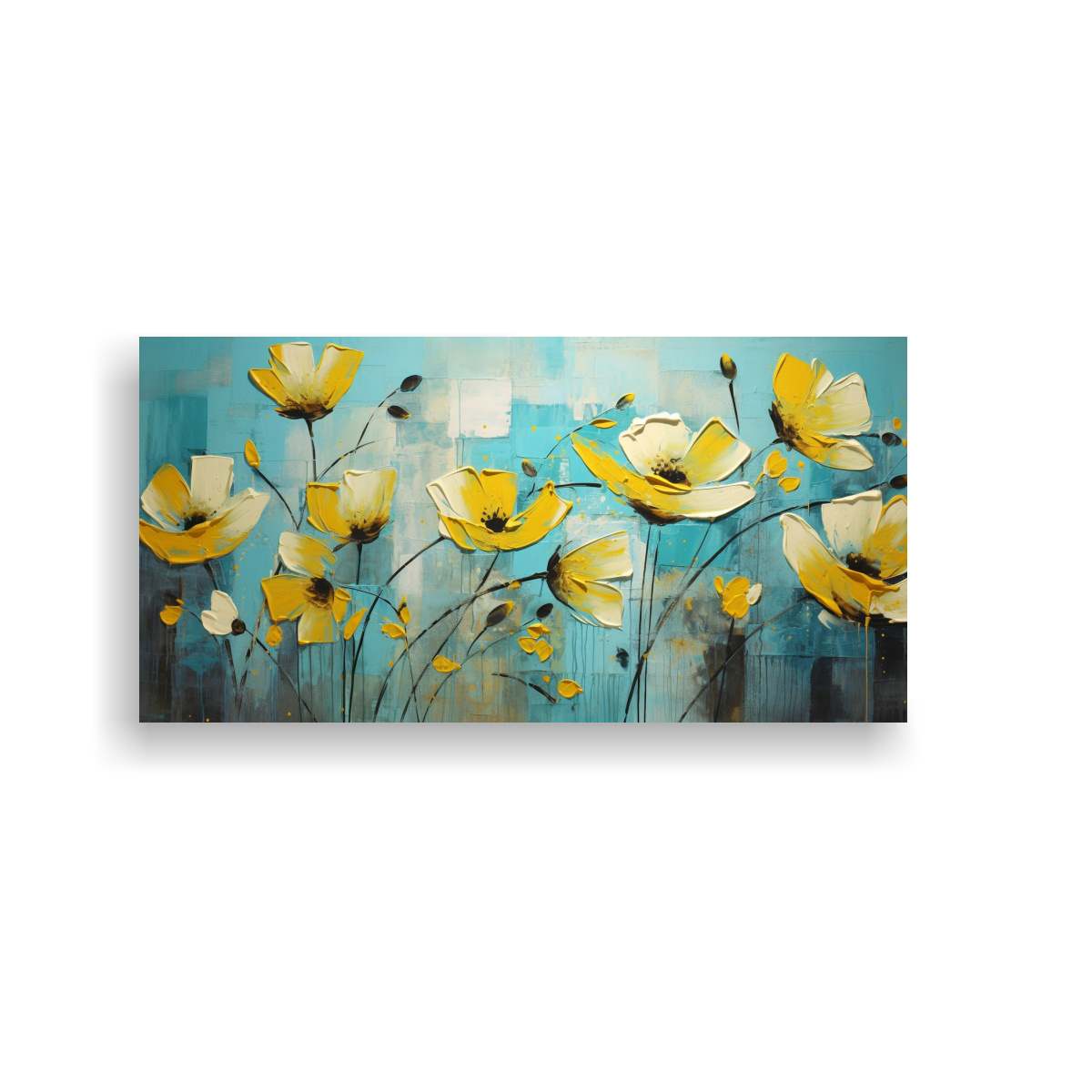 Pintura De Flores Amarillas Y Turquesa En Lienzo - Cuadros Decorativos - Decocuadros