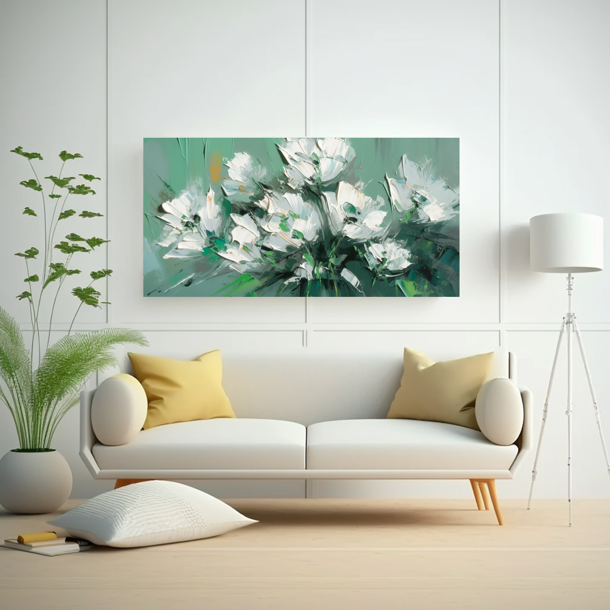 Cuadro De Flores Verdes Y Plateadas En Lienzo - DecoCuadros