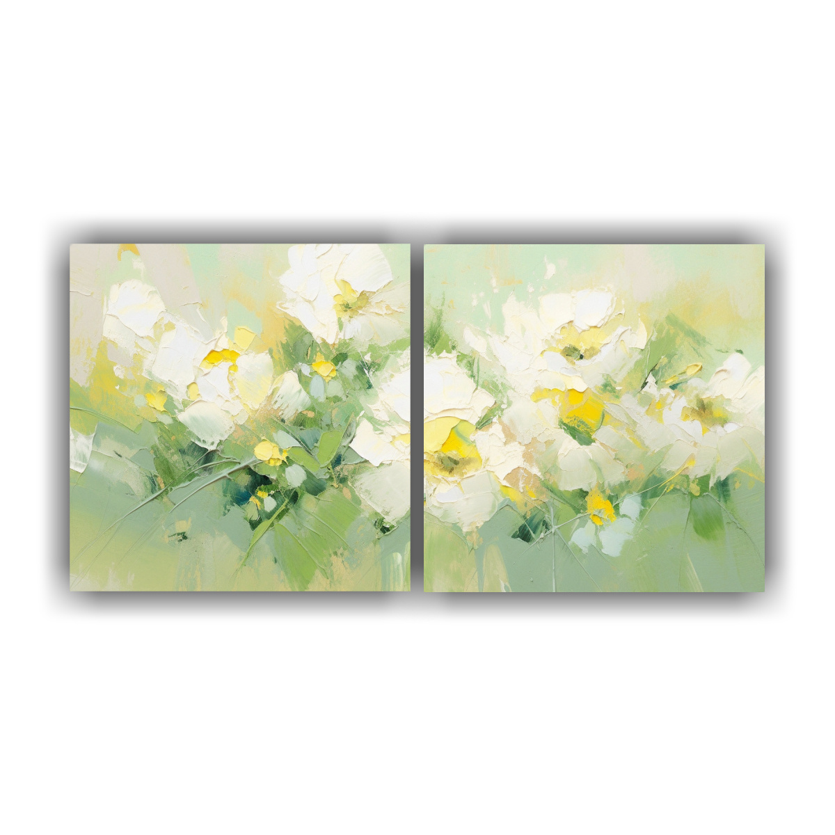 Pintura En Lienzo Díptico Hermoso Época En Colores Verde Y Dorado Con Flores - DecoCuadros