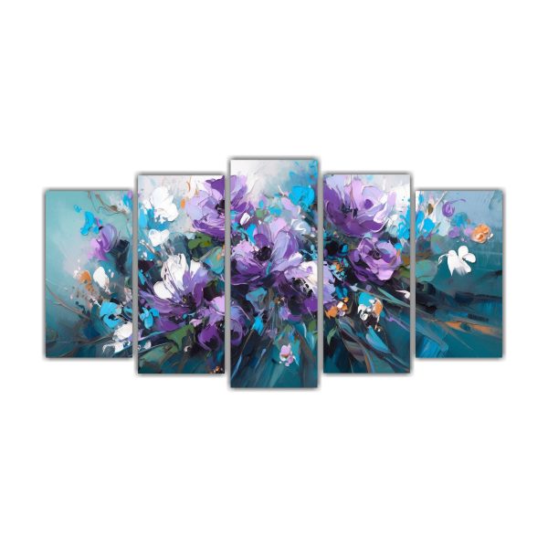 Cuadro De Cinco Composiciones Calidos Simetría En Colores Morado Y Cian - Decocuadros