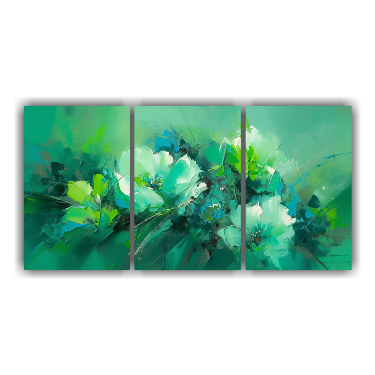 DecoCuadros - Cuadro De Flores En Verde Y Turquesa - Set 3 Canvas