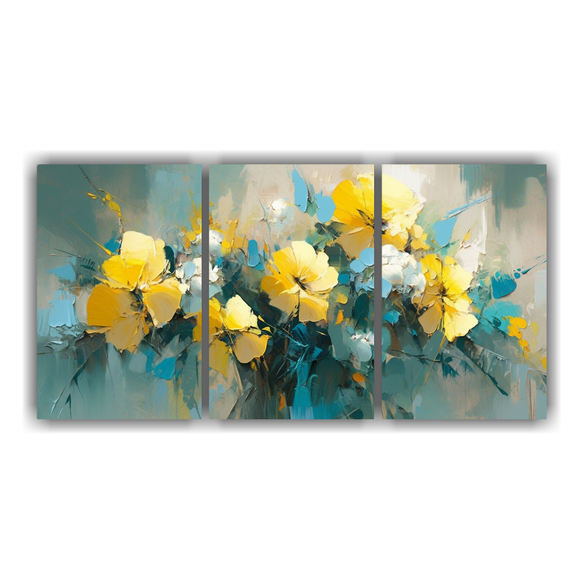 Cuadro De Tres Cuadros Movimiento Surrealista Con Flores Amarillas Y Cian En La Decoración ...