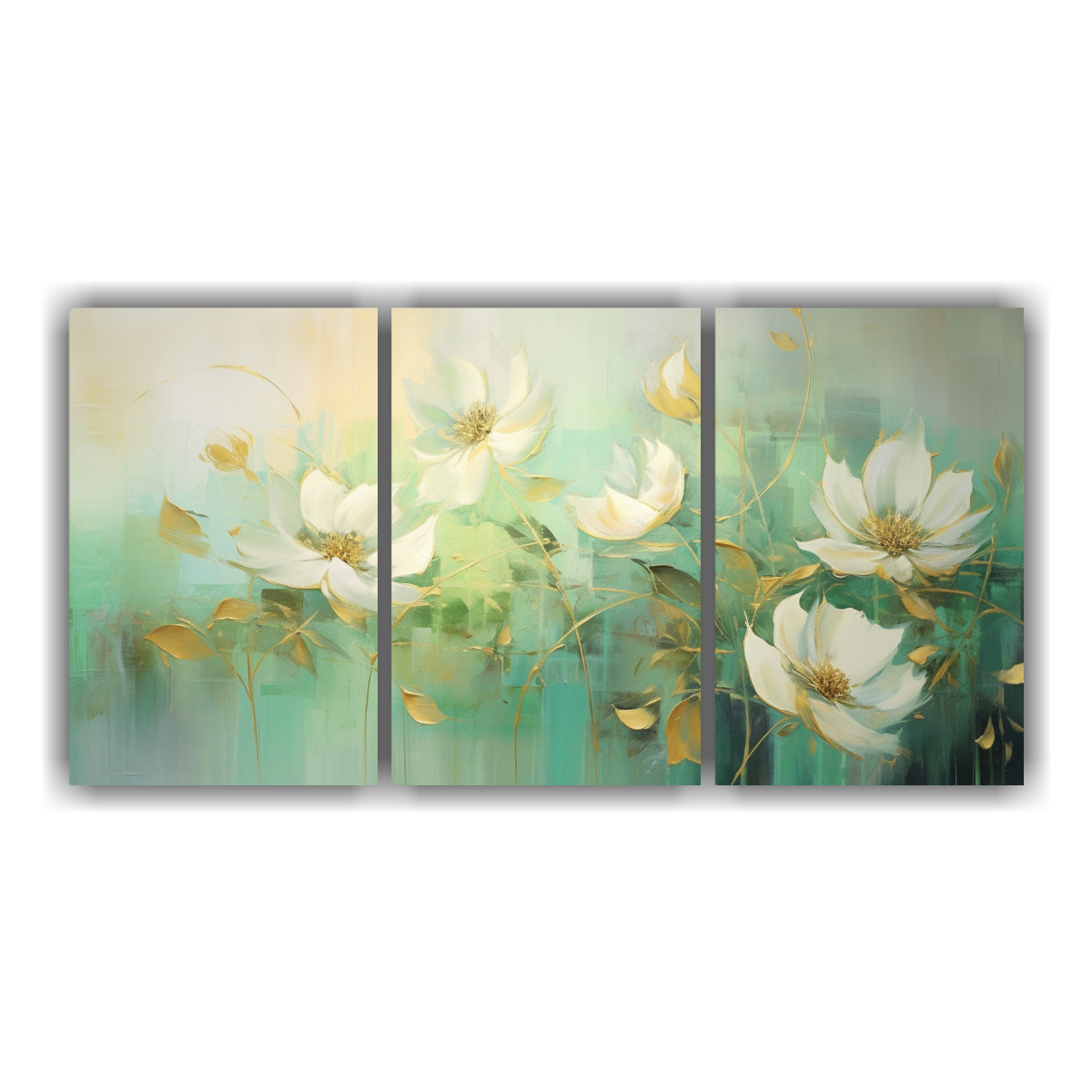 Cuadro De Flores En Colores Verde Y Dorado Para Decoración - Decocuadros