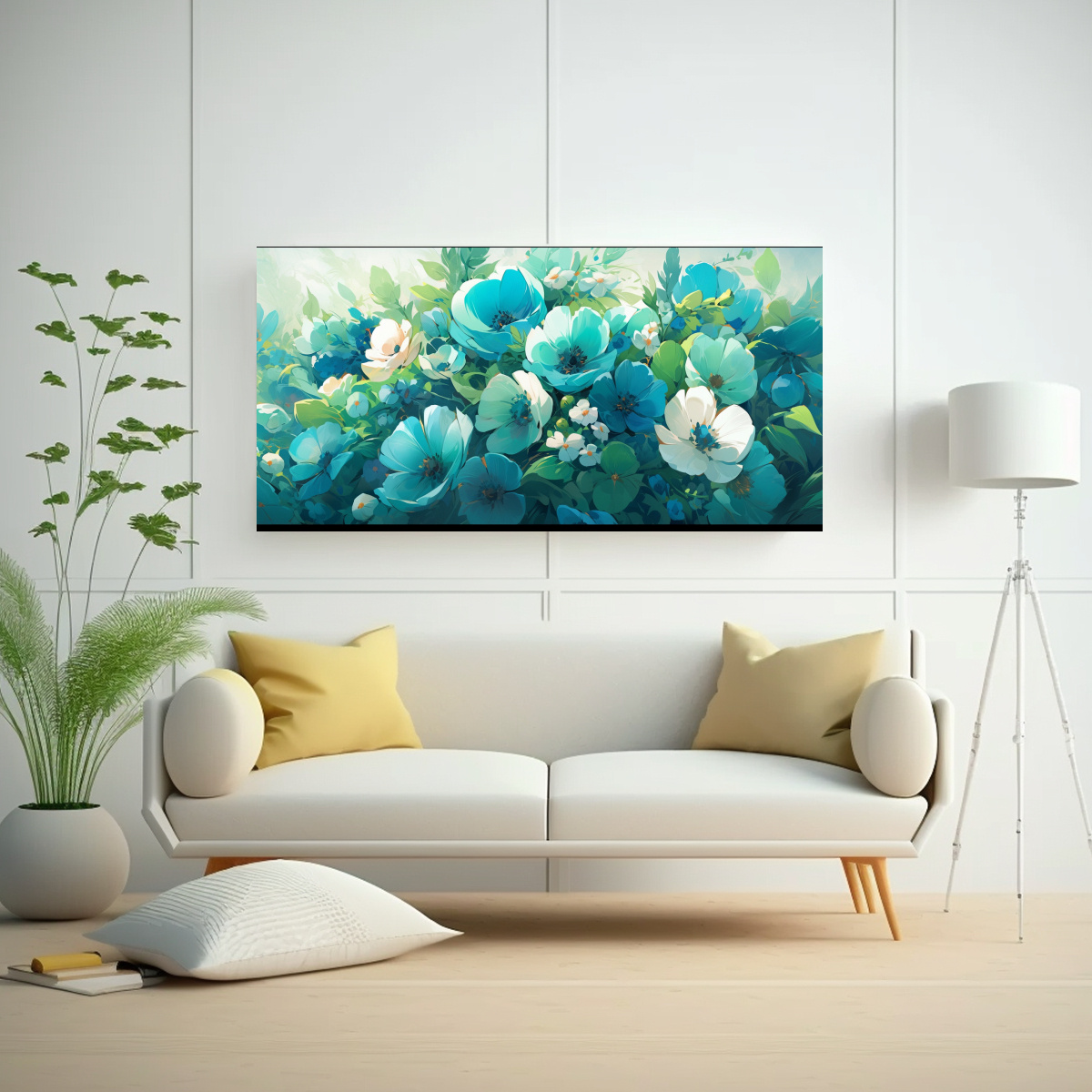 Pintura En Tela De Flores Color Verde Y Cian En La Decoración | DecoCuadros