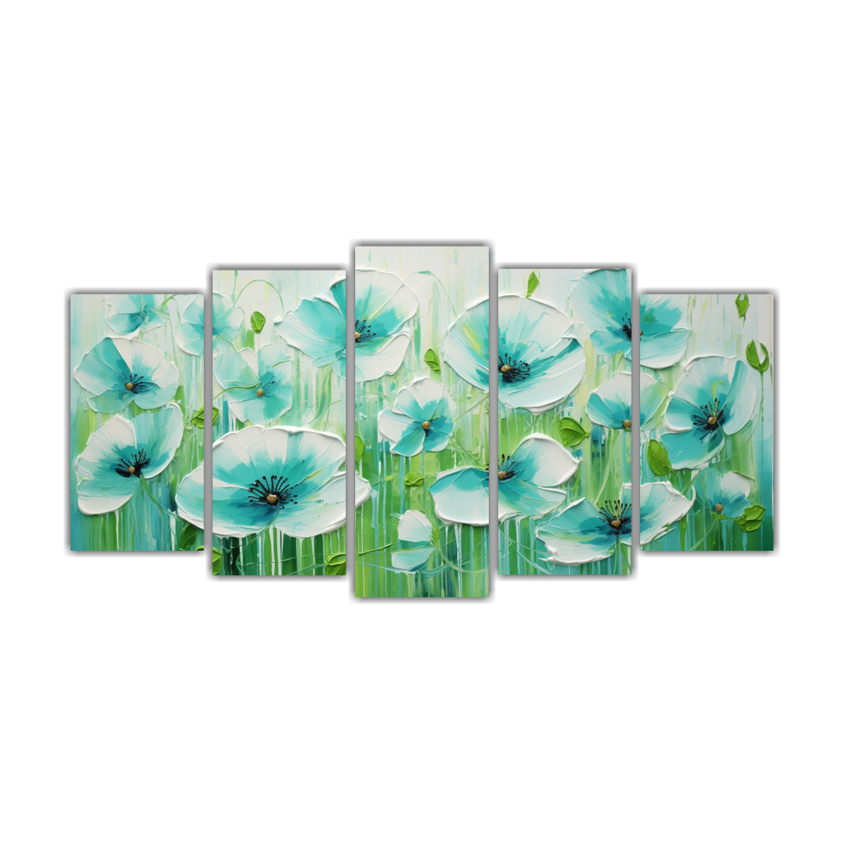 Pintura Impactante De Flores En Verde Y Cian En Cinco Telas - Decocuadros