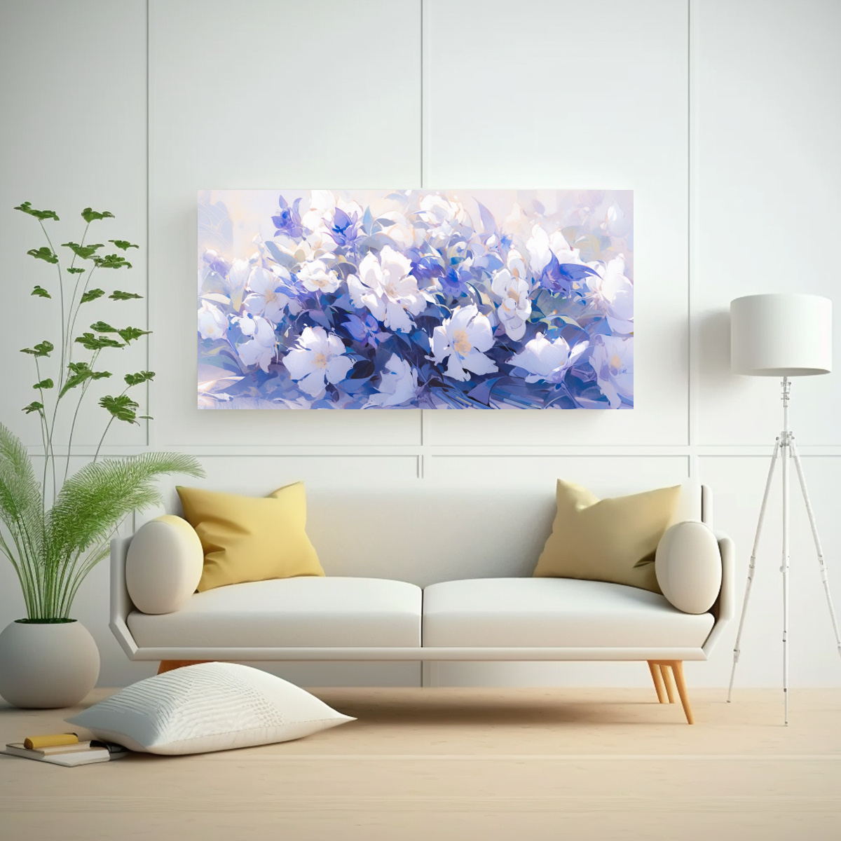 Cuadro Lienzo Esquema De Flores Moradas Y Blancas En Tela - DecoCuadros