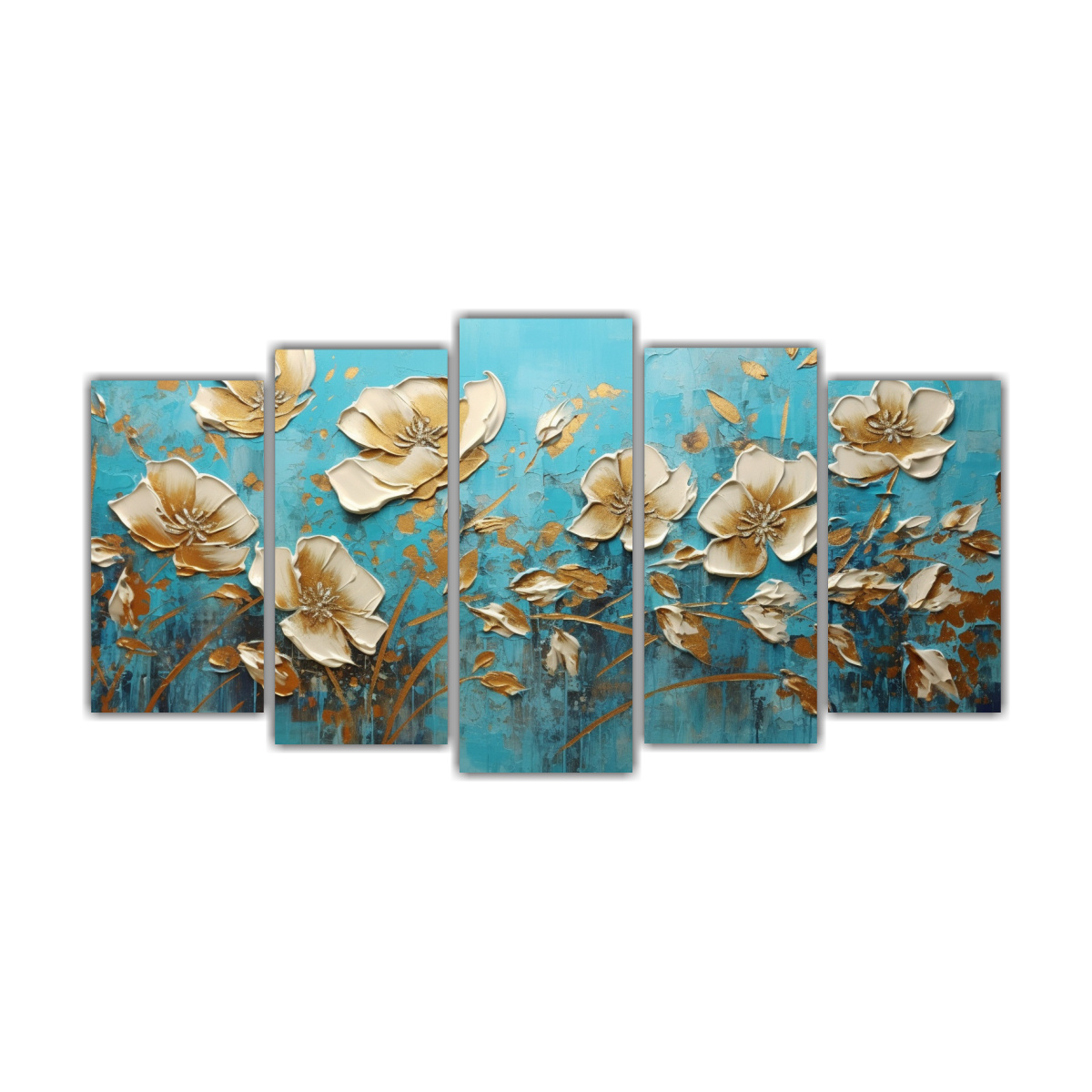 Pintura Mural En Tonos Turquesa Y Dorado En 5 Telas En Bastidor De Flores En Tonos Turquesa Y ...