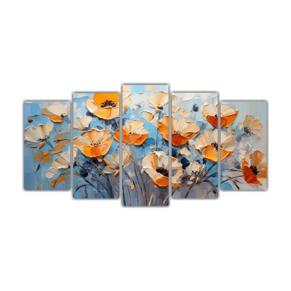 Cuadro Original De Flores En Lienzo En Colores Naranja Y Azul - DecoCuadros