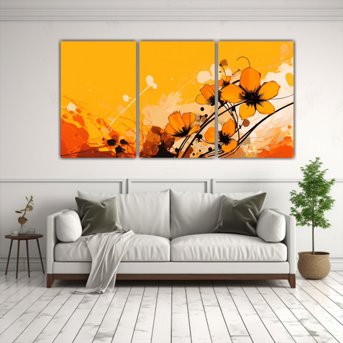 Cuadro Tríptico Movimiento Mágico Amarillo Y Naranja En Estilo Neonoir - Decocuadros