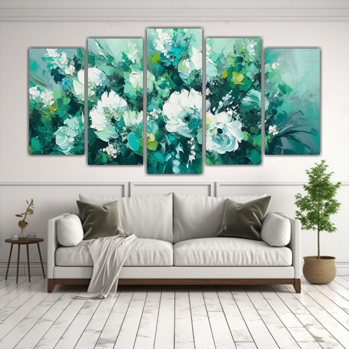Pinturas Decorativas De Flores En Lienzo En Colores Verde Y Azul Turquesa, Conjunto De 5 Lienzos ...
