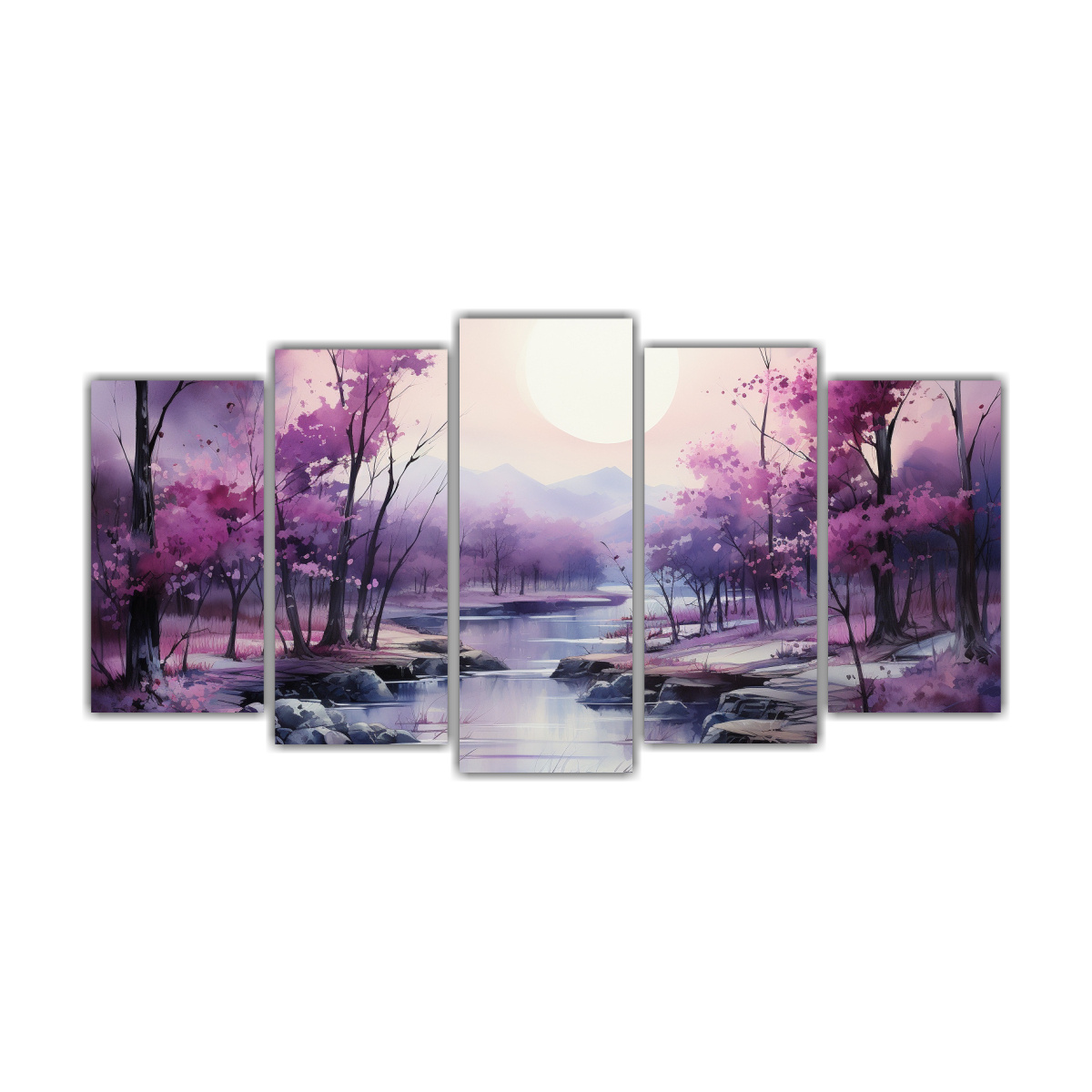 Cuadro Decorativo Paisaje Bosque Sumie En Colores Morado Y Turquesa ...