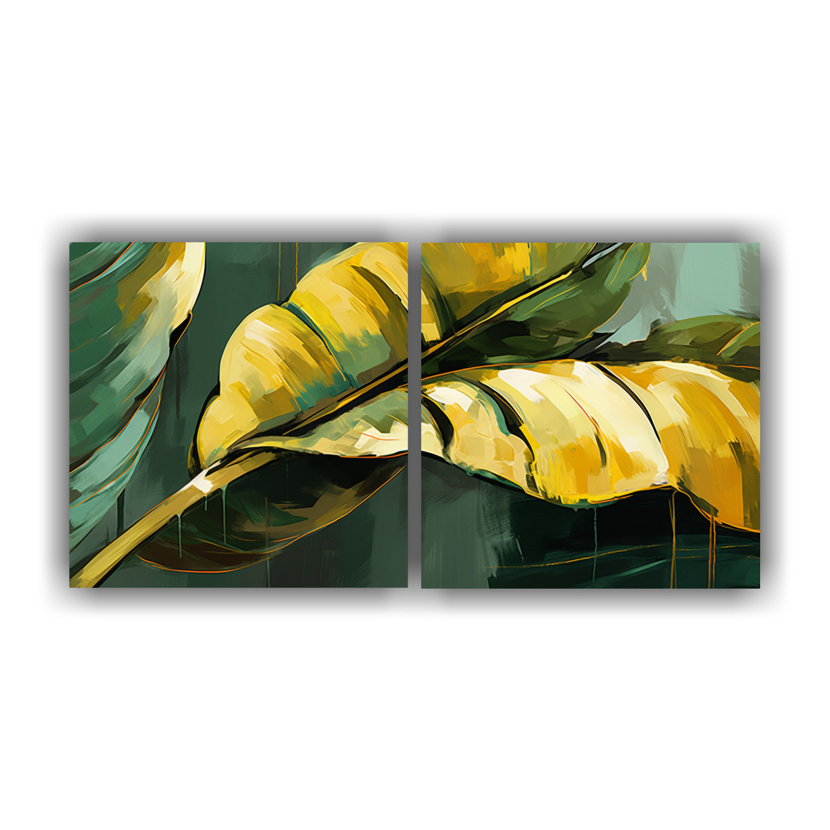 Cuadros Decorativos De Hojas De Plátano En Verde Y Dorado - DecoCuadros