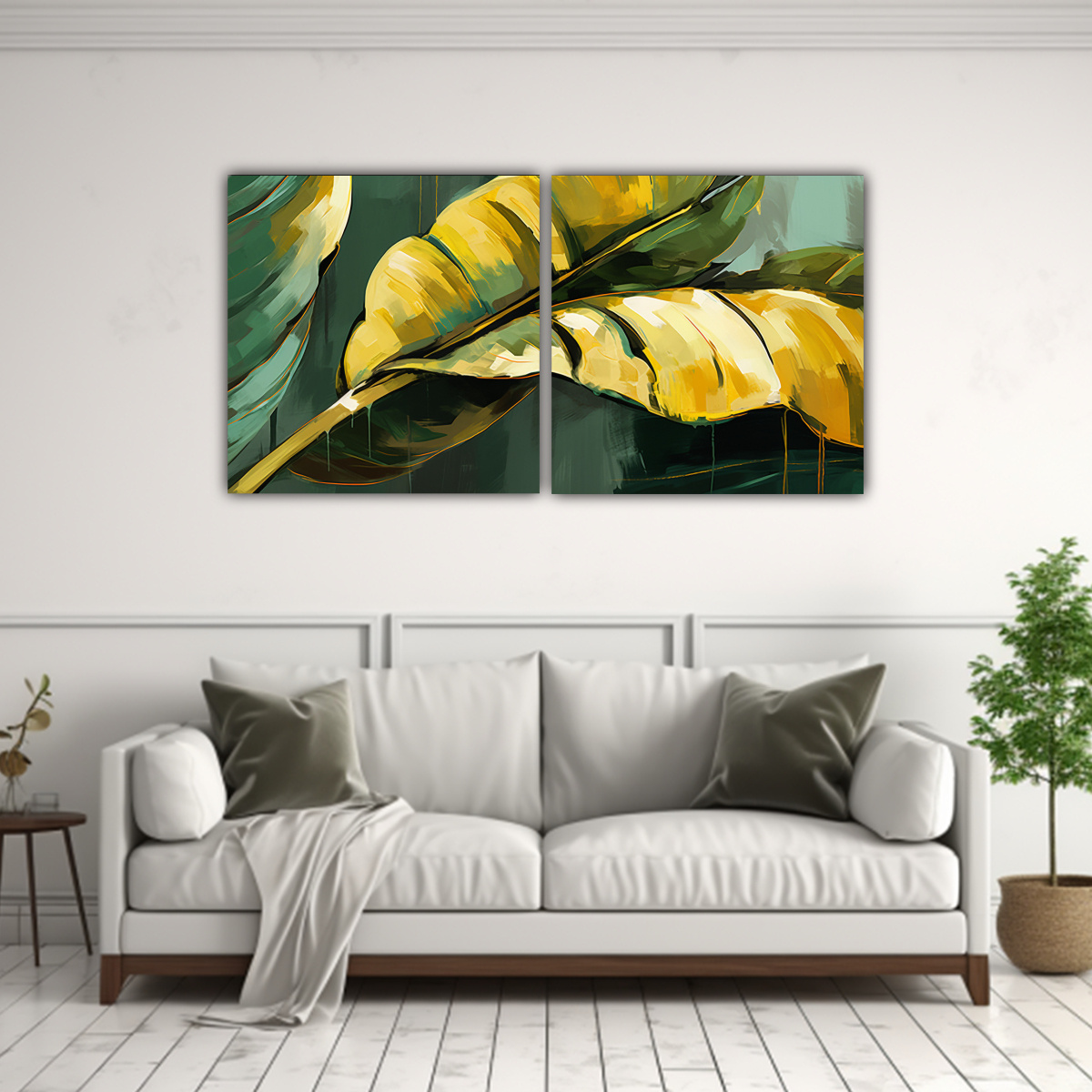 Cuadros Decorativos De Hojas De Plátano En Verde Y Dorado - DecoCuadros