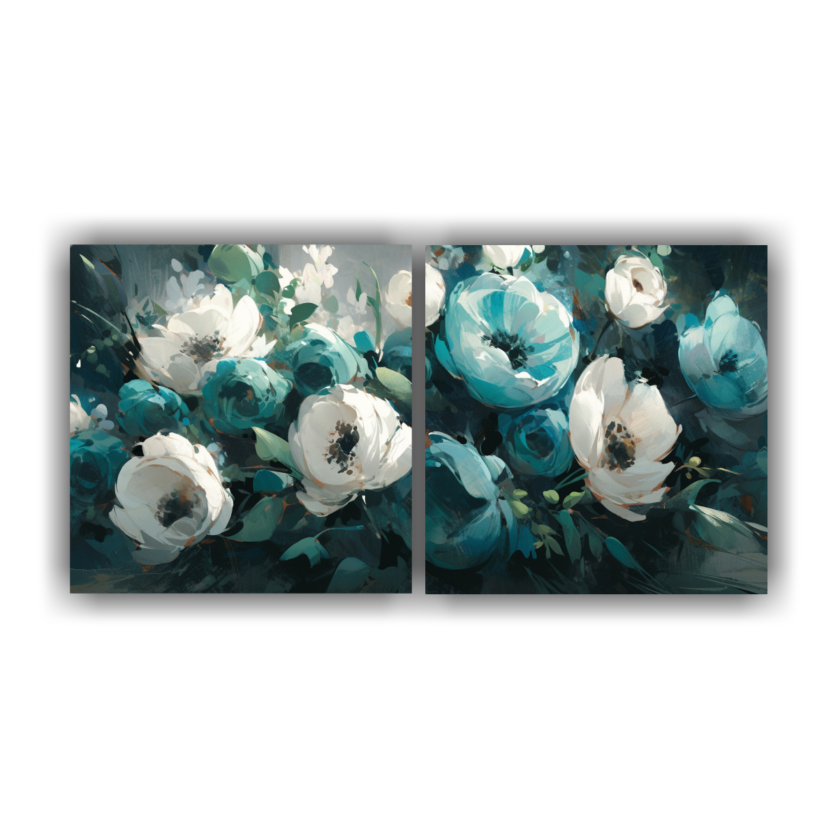 Set 2 Cuadros Creativa Majestuosas A Colores Teal Flores Pintura Sobre Lienzo Estilo Decorativo ...