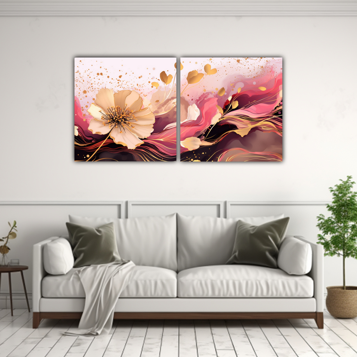 Set 2 Telas En Bastidor Forma Para Cuarto Gold AND Pink Colors Neo-noir ...