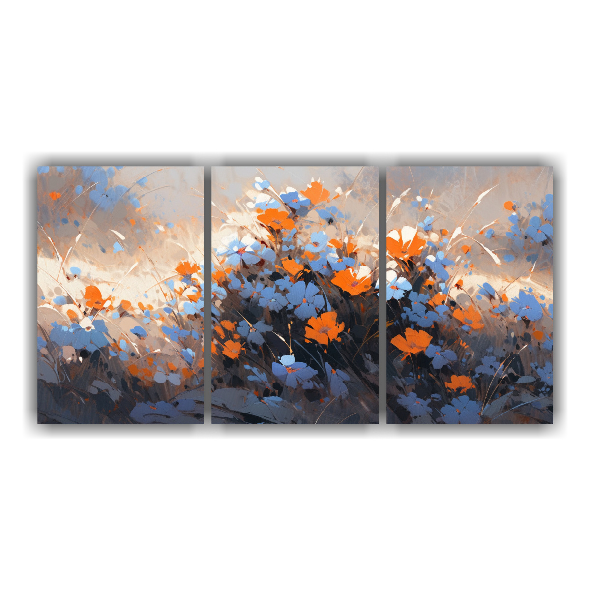 Set De 3 Telas En Bastidor De Flores Naranja Y Azul En Pinturas De Lienzo Para Decoración ...