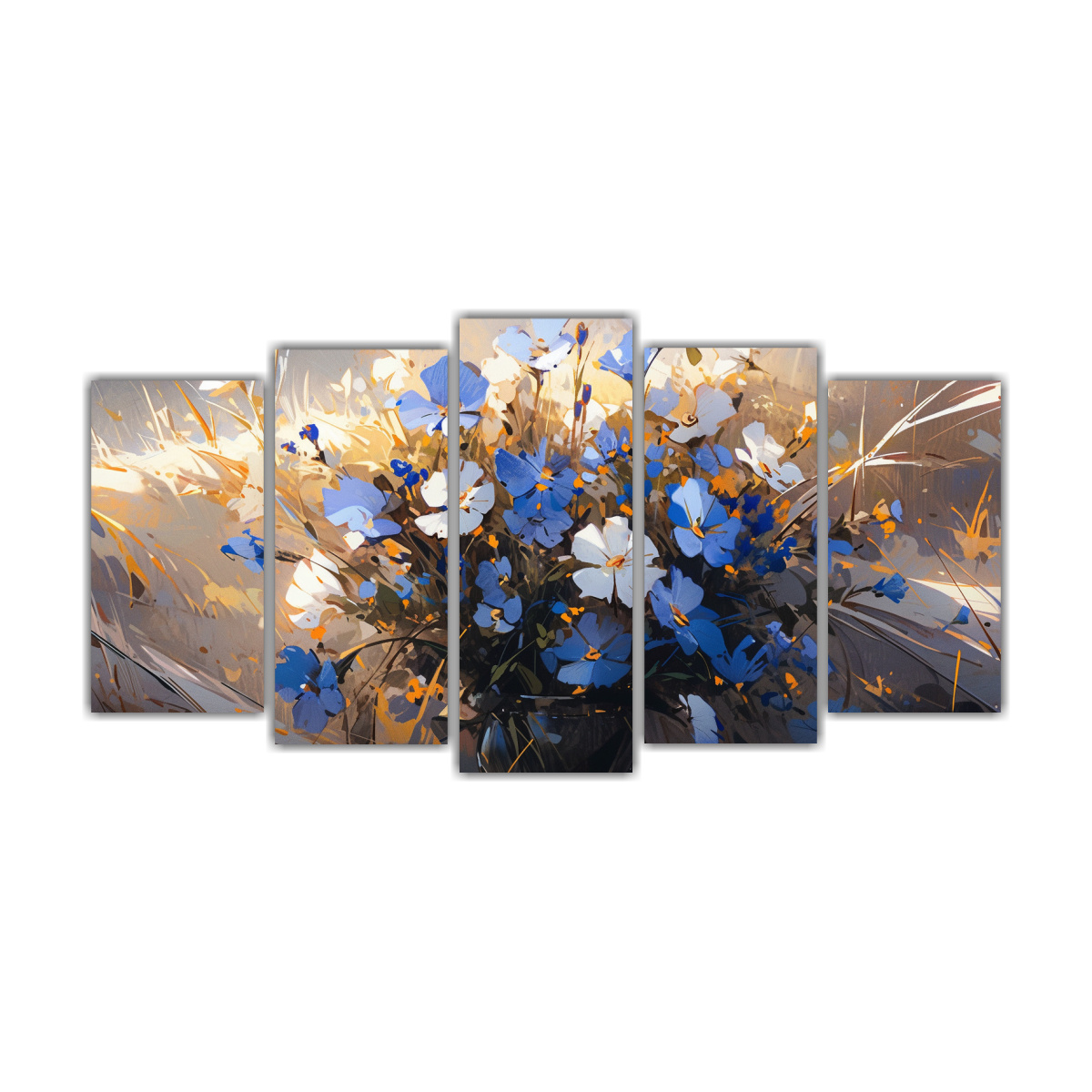 Set 5 Cuadros Textura De Finas Líneas En Colores Oro Y Azul Con Flores En Lienzo Decorativo ...