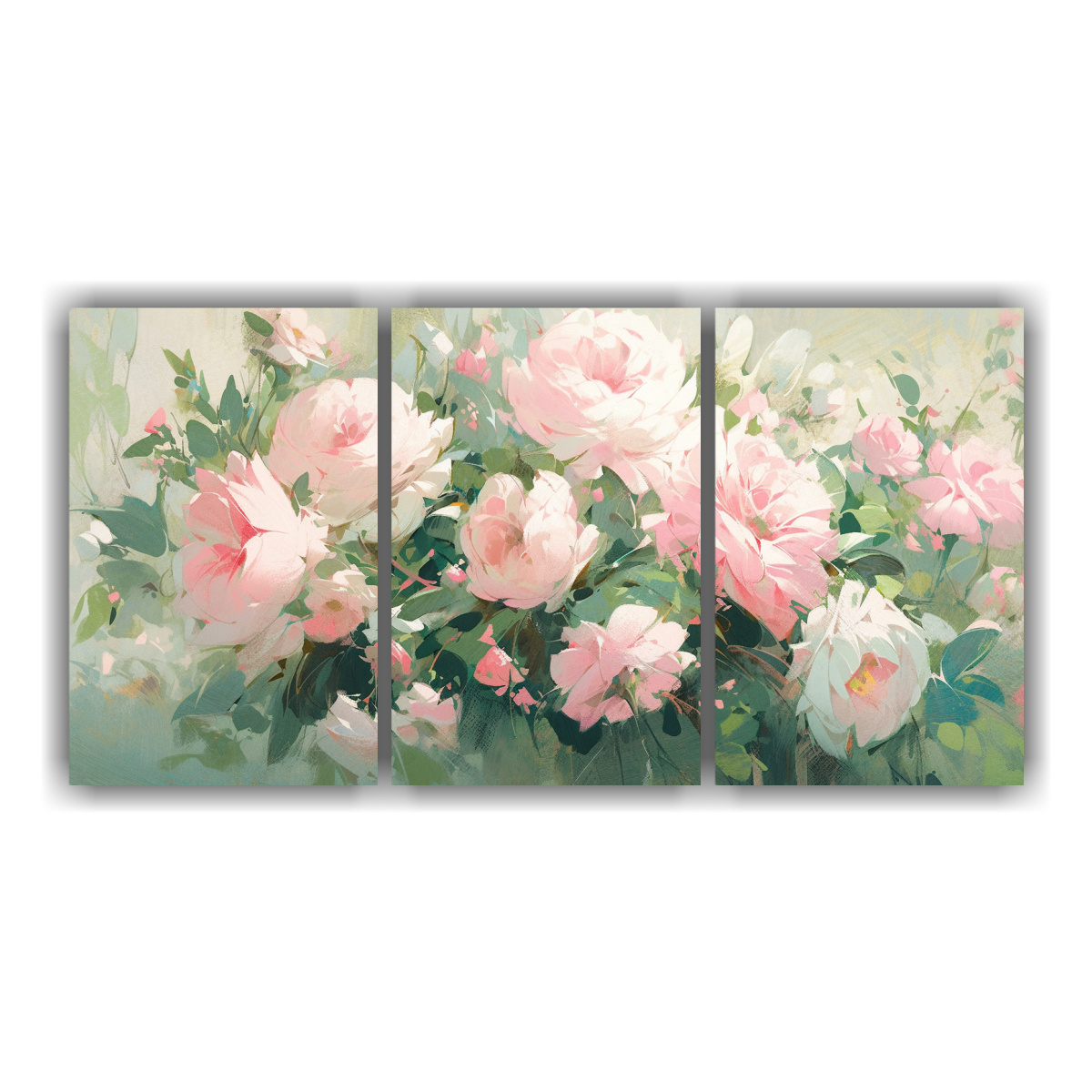 Cuadros De Flores En Color Verde Y Rosa - Tríptico Movimiento Equilibrio - Decocuadros